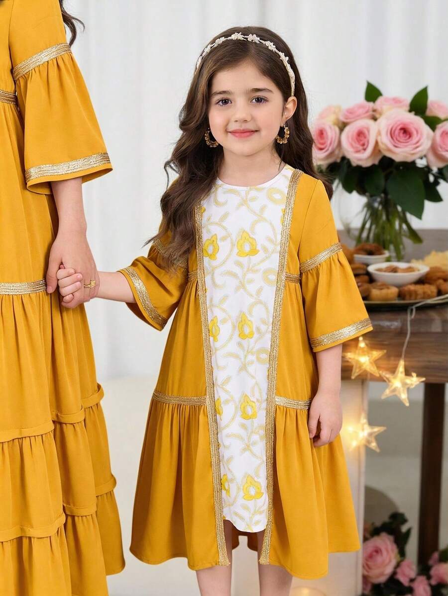 SHEIN Young Girl Ditsy Floral Color Block Round Neck Casual ,Classic ...