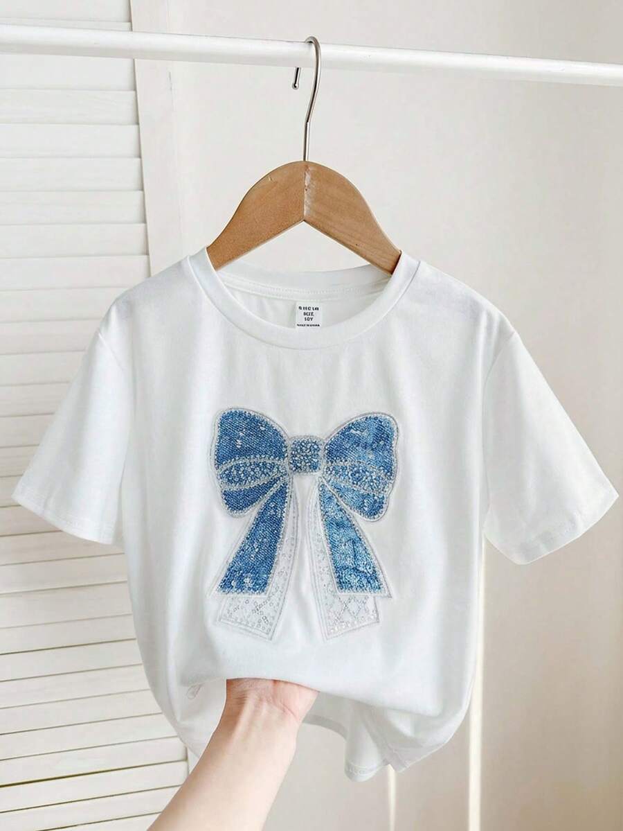 SHEIN Camiseta Branca com Laço 3D Fofa para Meninas Pré-Adolescentes ...