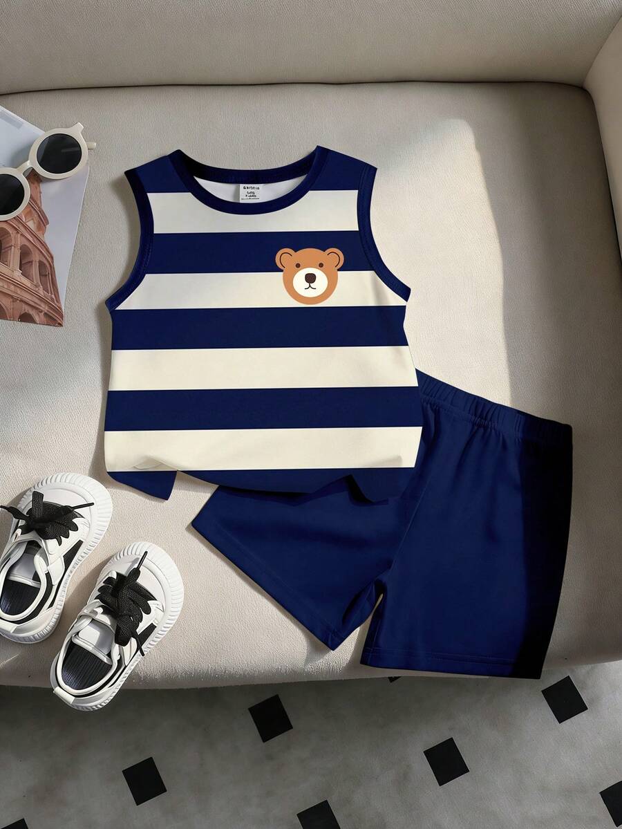 2pcs Baby Boys' Colorblock Striped Sleeveless Tank Top And Matching ...