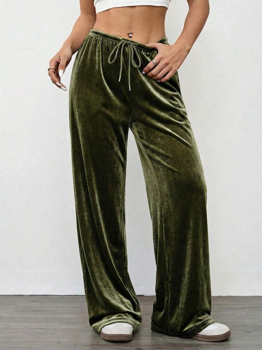SHEIN EZwear Women's Vintage Casual Black Velvet Loose Wide Leg Pants ...