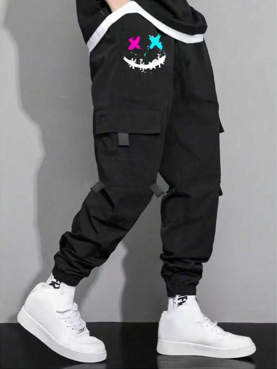 Calça Casual Tecida com Bolso Cargo e Estampa de Rosto Sorridente de ...