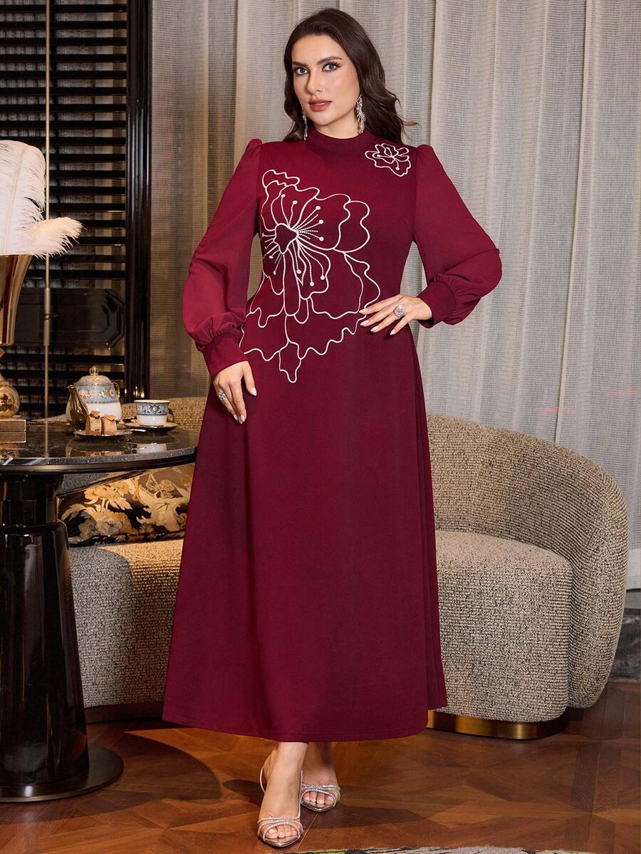 Modelyn Große Größen Burgunderrot Mock Neck Puffärmel Kleid mit weißer ...