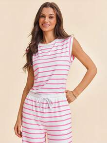 Coeurva Women's Pink And White Striped 2-Piece Set,Summer Casual ...