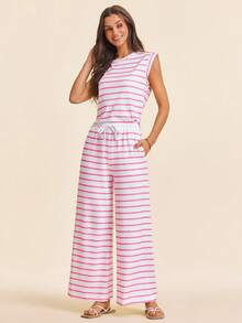 Coeurva Women's Pink And White Striped 2-Piece Set,Summer Casual ...