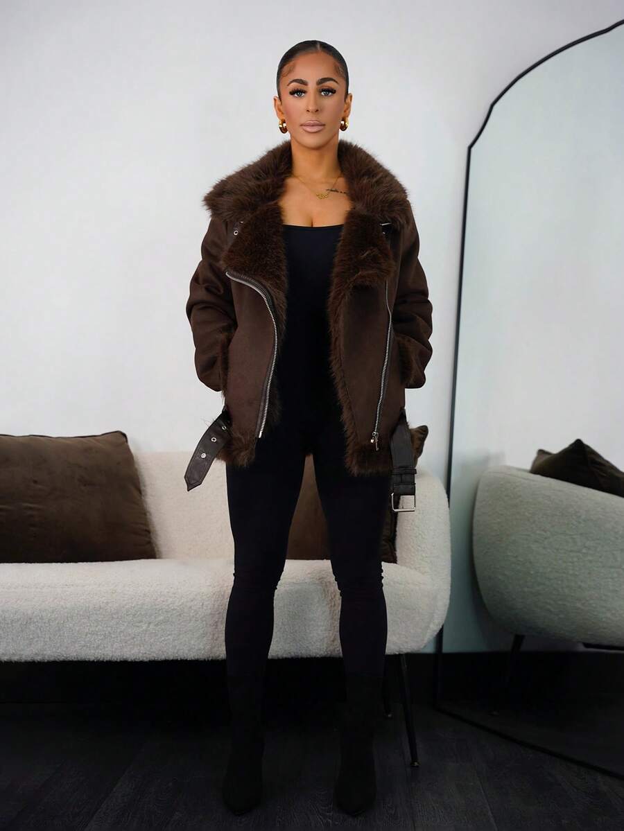 SAYEHFBABY Braune weiche Wildleder-Fleece-Jacke mit dickem Kunstfell ...