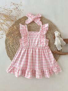 SHEIN 1pc Newborn Baby Girl Square Neck Sleeveless Backless Plaid Print ...