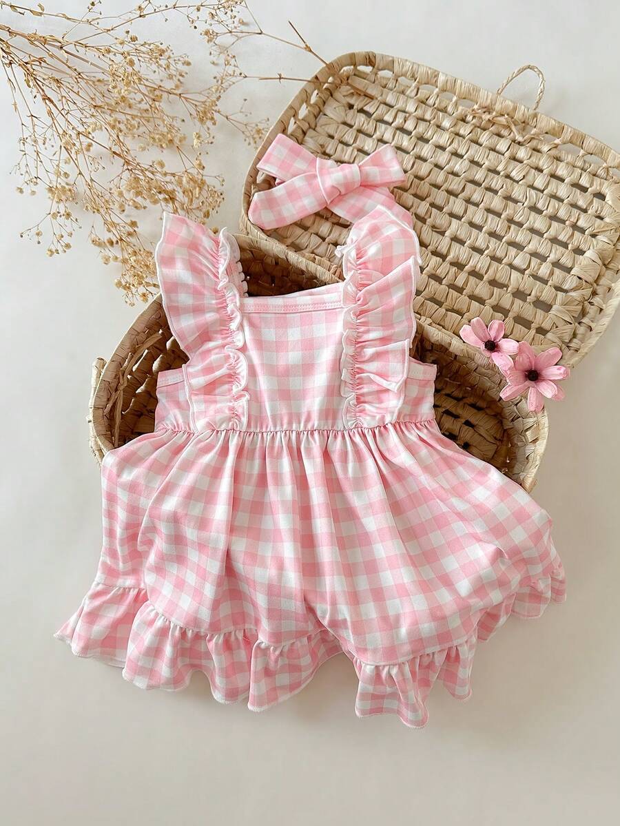 SHEIN 1pc Newborn Baby Girl Square Neck Sleeveless Backless Plaid Print ...