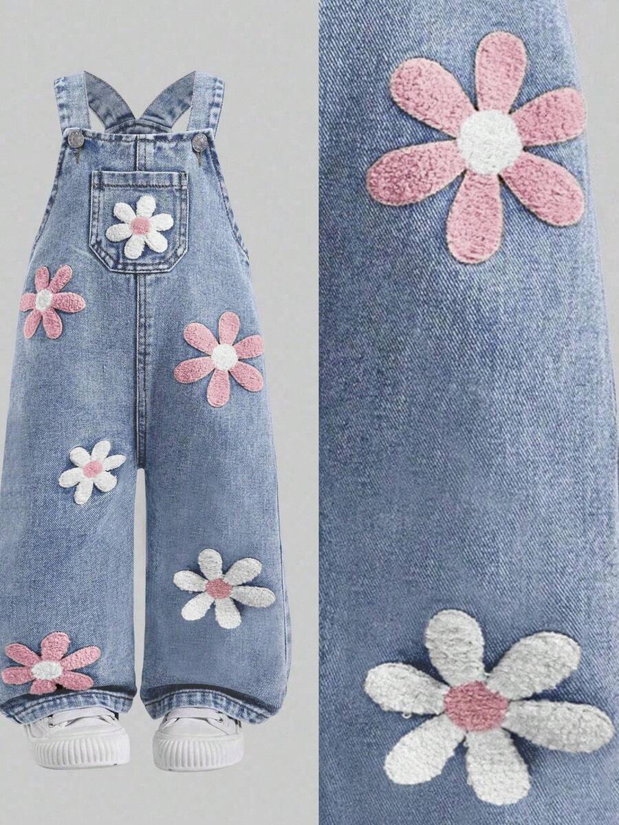 SHEIN Washed Denim Bib Pants For Baby Girls, Floral Print Loose ...