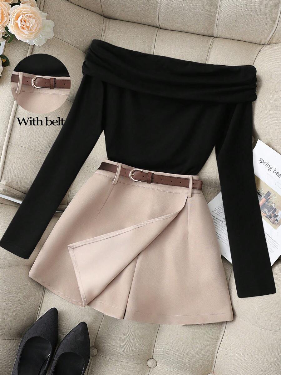 SHEIN PETITE CURVE Plus Size Women Elegant Commuter Off-Shoulder Ruffle ...