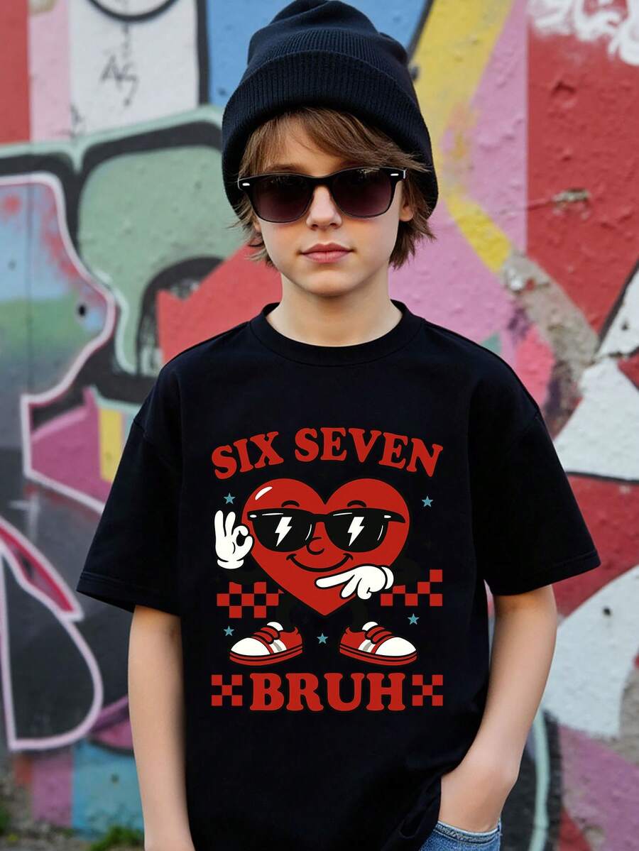 Boys' Fashionable Casual Cool Six Seven 67 Heart Print Short Sleeve ...