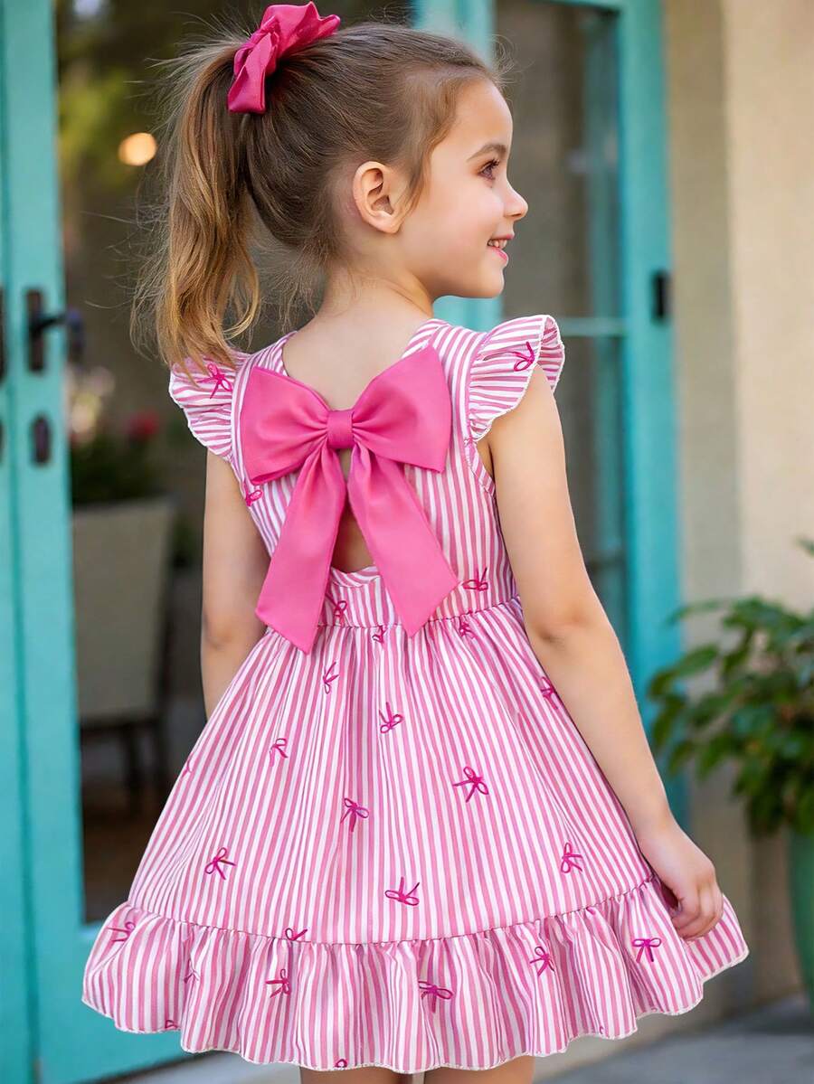Girls Elegant Striped Bow Print Round Neck Flare Sleeve Hollow Back Bow ...