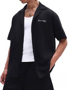 SUMWON Cursive Script Embroidered Button Up Shirt And Shorts Co-Ord Set ...