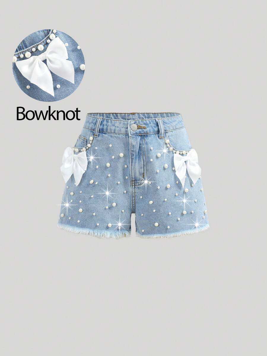 Girlism Shorts Denim com Laço Decorado com Pérola Branca para ...