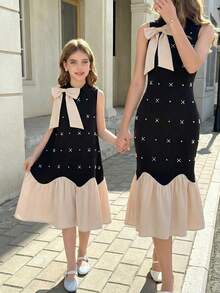 SHEIN Tween Girl Cute Loose Elegant Stand Collar Contrast Color Big Bow ...