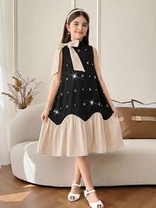 SHEIN Tween Girl Cute Loose Elegant Stand Collar Contrast Color Big Bow ...