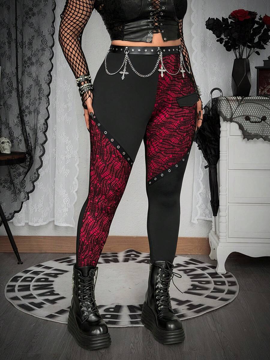 Whyspr Leggings Femininas Plus Size Punk de Tule e Recortes | SHEIN Brasil