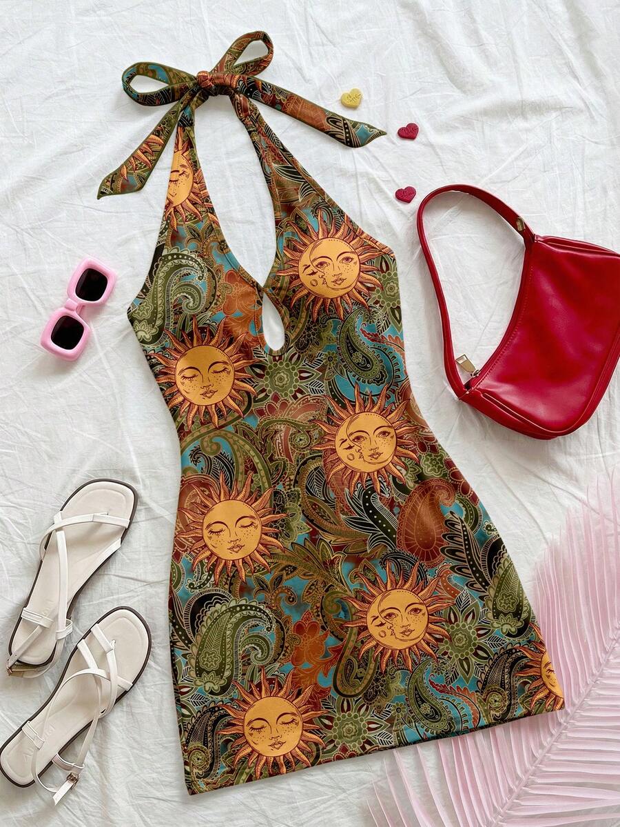Soleia Women's Dark Green Summer Boho Vacation Sun God Print Halter ...