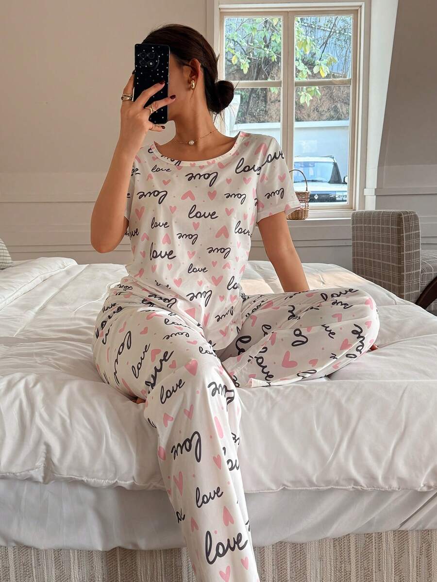 Simple Letter & Heart Print Knit Pajama Set, Girly Style for Sale ...