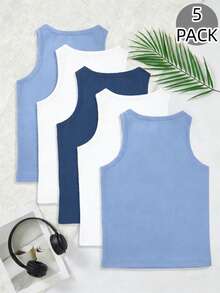 5pcs/Pack Boys'comfy White And Blue Crew Neck Undershirt Vest,Essential ...