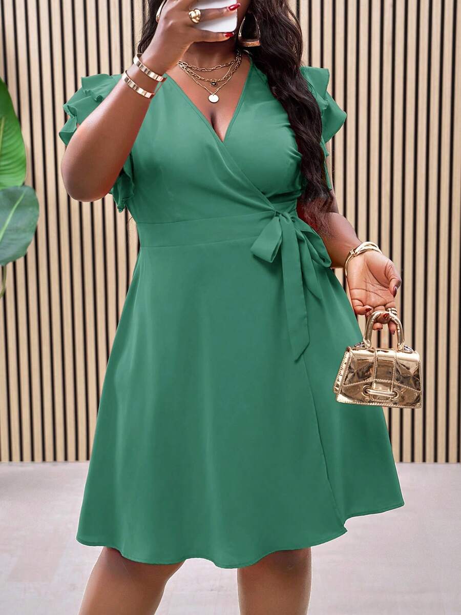 Slaydiva Plus Size Solid Color Double Ruffle Wrap-Style Side Tie Waist ...