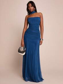 SHEIN BAE Women's Teal Blue Summer Elegant Dining Dress,Solid Navy Blue ...