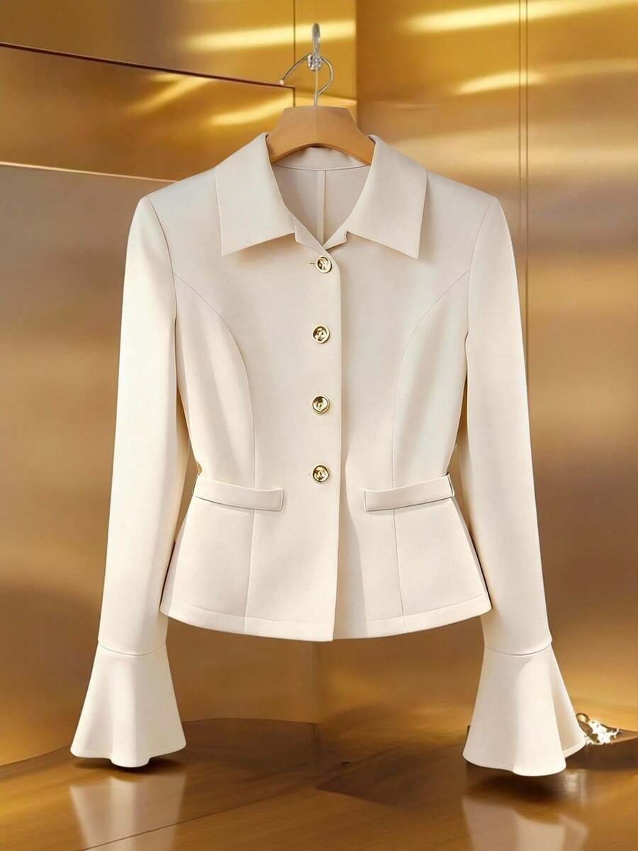 Qadelle Elegant Bell Sleeve Button Decor Women's Blazer | SHEIN USA