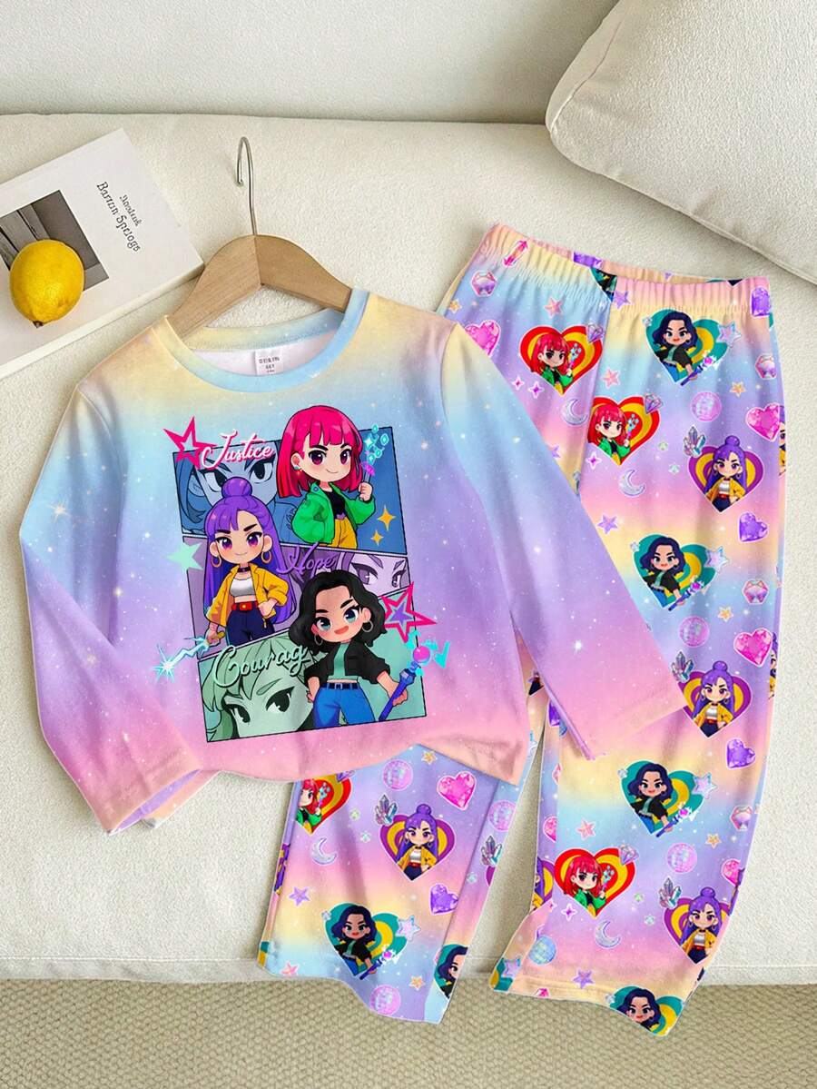 SHEIN Mädchen Rundhals Cartoon Buchstaben Muster Langarm Top und weite ...