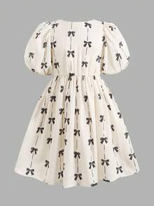 SHEIN Tween Girl Loose Elegant Round Neck Petal Sleeve Bow Pattern Midi ...