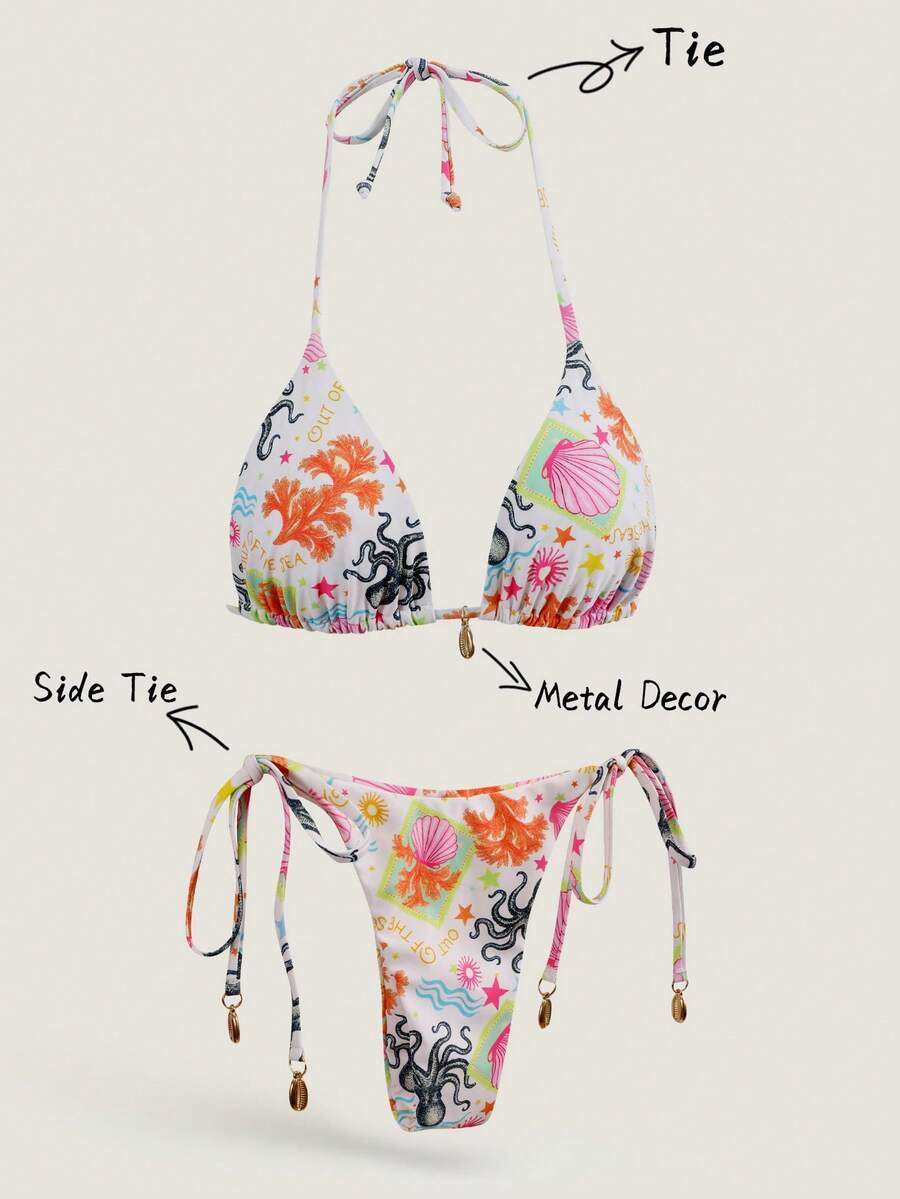 Swim Mod Women's Random Print Shell Decor Halter Bikini Set, Spring ...