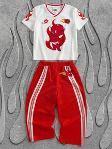 SHEIN HOT STUFF Young Boy Cartoon Pattern V-Neck Short Sleeve T-Shirt ...