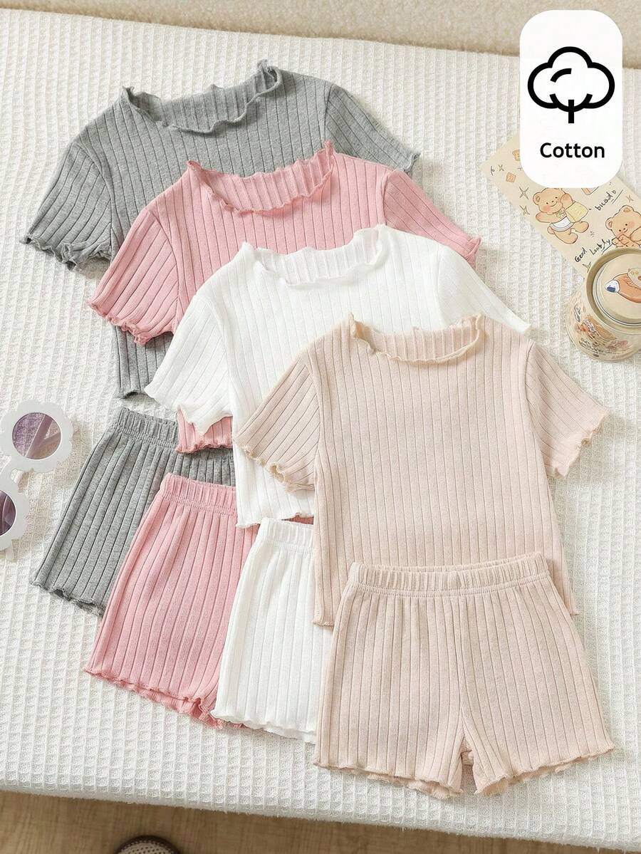 SHEIN 4pcs/Set Young Girl Summer Cute Ribbed Solid Color Ruffle Hem ...