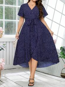 Reflora Plus Size Polka Dot Print Navy Blue Summer Elegant Tea Party ...