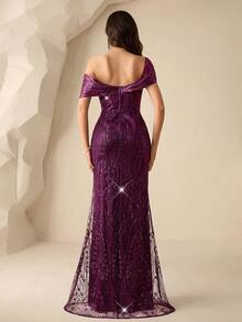 Coutiva Women's Elegant Purple Off-The-Shoulder Mermaid Gown,Sequined ...