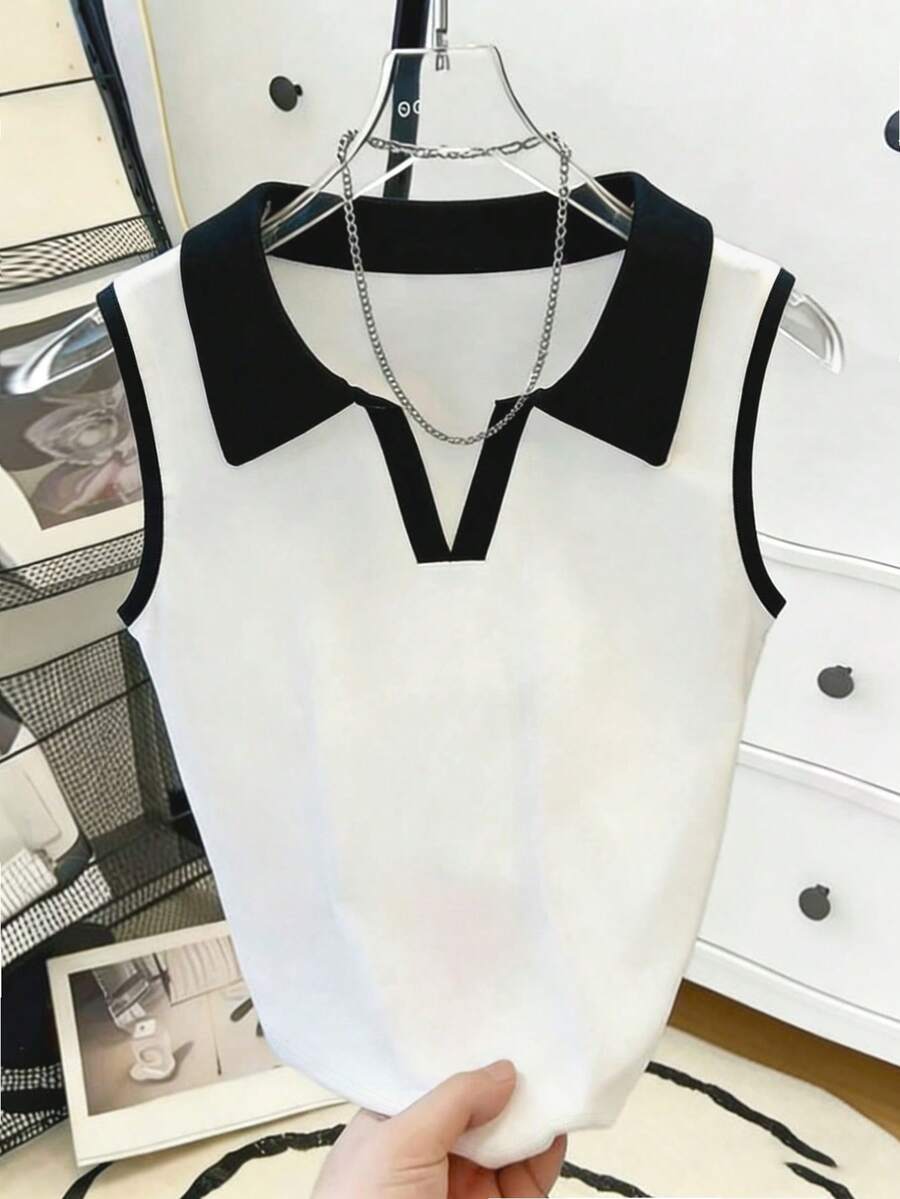 SHEIN Women's Fashion Contrast Color Splicing Collar Sleeveless Tank ...