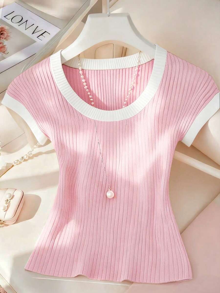 Franclia Women's Contrast Color Round Neck Short Sleeve Casual Ribbed T ...