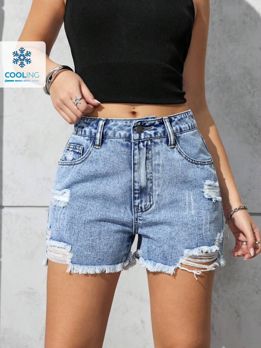 SHEIN PETITE Solid Color Distressed Pocket Frayed Hem Fashion Denim ...