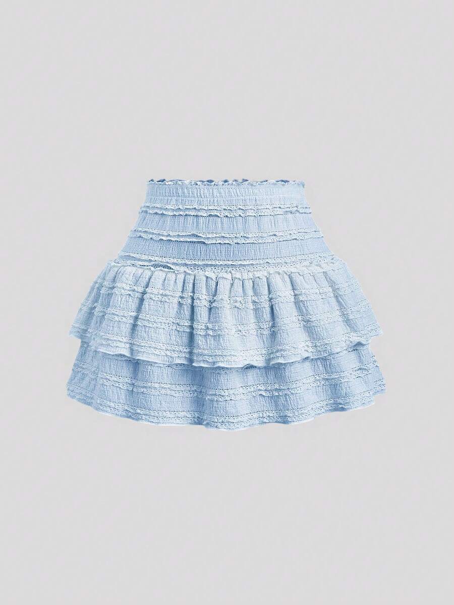Sweetra Solid Color Ruffle Trim Number Print Double Layered Hem Skirt ...
