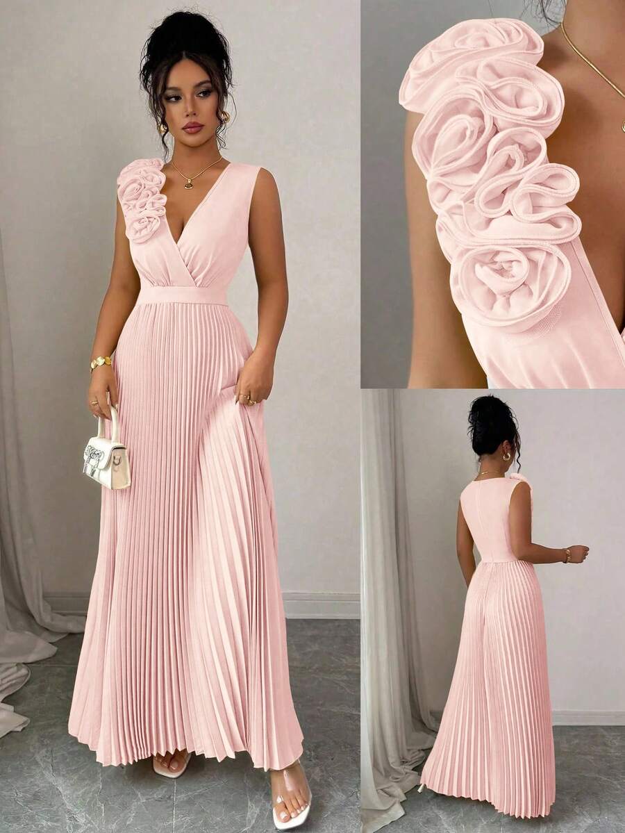 Elenzga Summer V-Neck Cinched Waist Dress With 3D Floral Applique ...