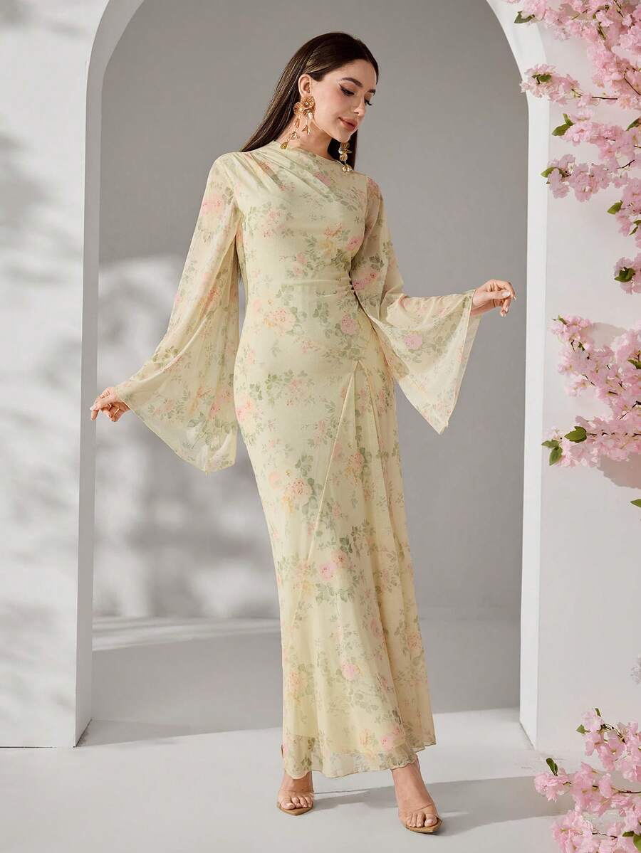 Veilorie Women's Floral Print Stand Collar Flare Sleeve Fitted Dress ...