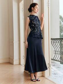 Anewsta Elegant Navy Blue Summer Lace Sleeveless Waist Gathered ...