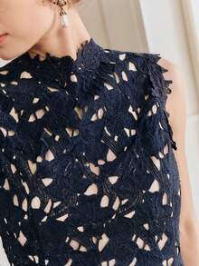 Anewsta Elegant Navy Blue Summer Lace Sleeveless Waist Gathered ...
