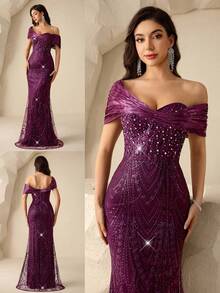 Coutiva Women's Elegant Purple Off-The-Shoulder Mermaid Gown,Sequined ...