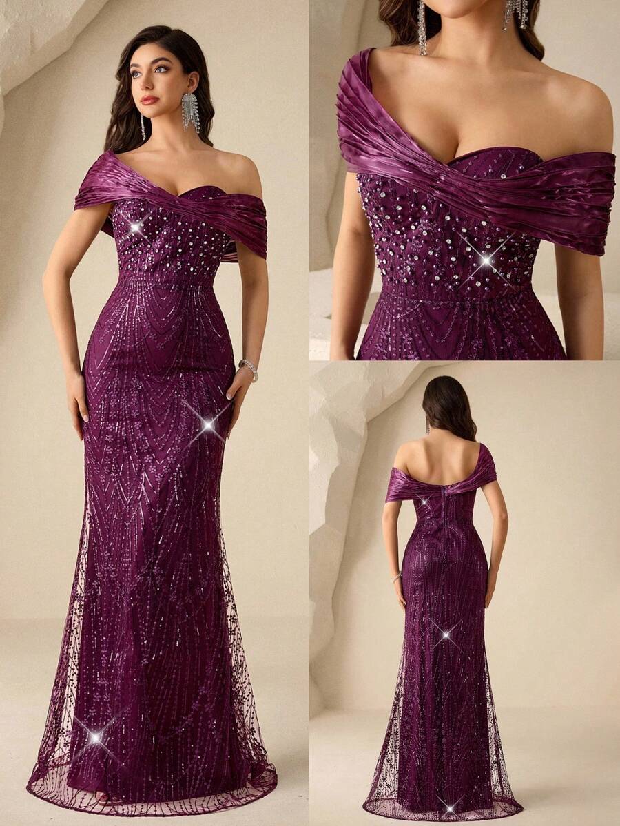 Coutiva Women's Elegant Purple Off-The-Shoulder Mermaid Gown,Sequined ...