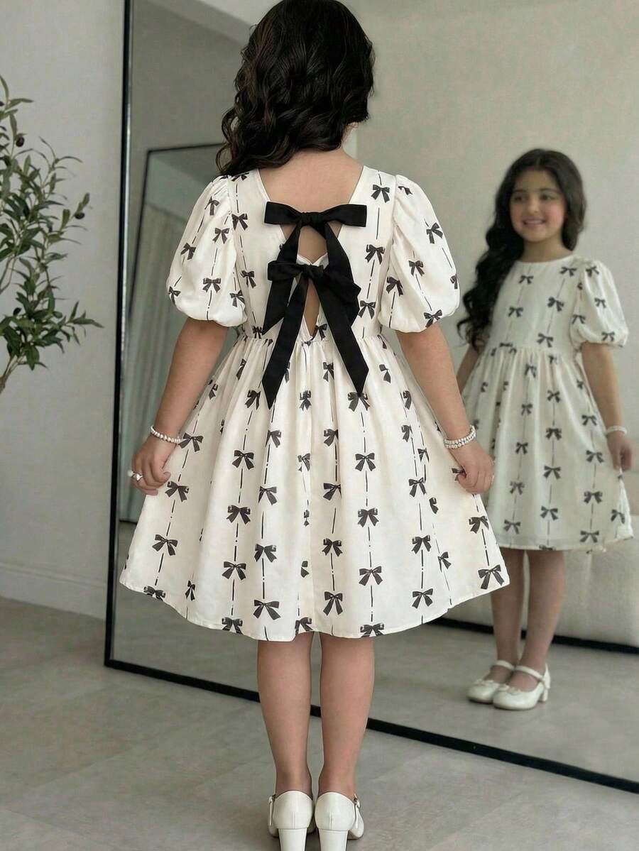 SHEIN Tween Girl Loose Elegant Round Neck Petal Sleeve Bow Pattern Midi ...