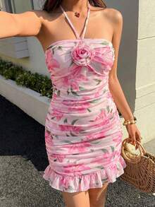 KARISMINA Women's Floral Ruched Mini Dress,Blush Pink Tropical Summer ...