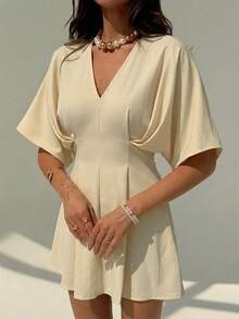 Aloruh Elegant Cream Summer Brunch Short Sleeve Shirt Dress,Minimalist ...