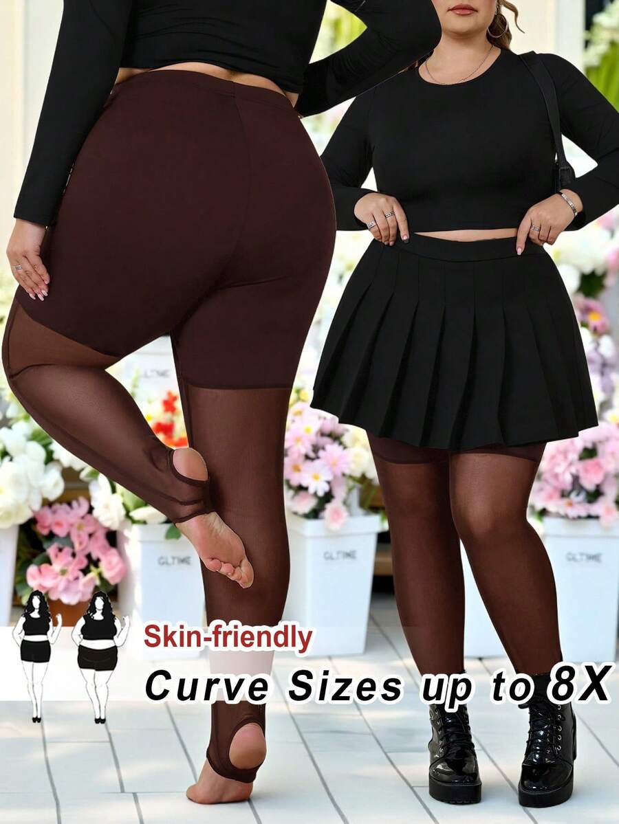 SHEIN CURVE+ Curve Plus Size Women's Black Mesh Patch Leggings,Anti ...