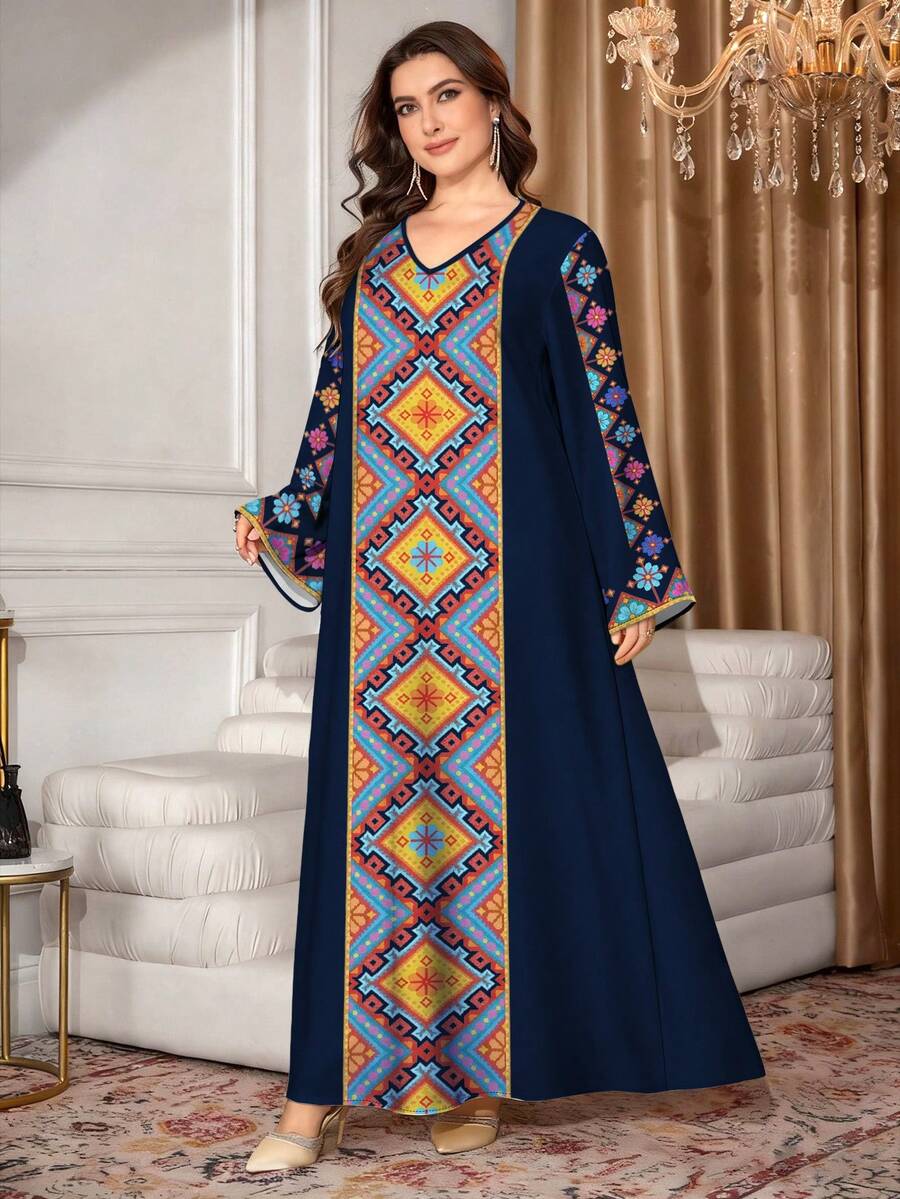 SHEIN Najma Floral & Geometric Pattern Navy Plus Size Women's Dress ...