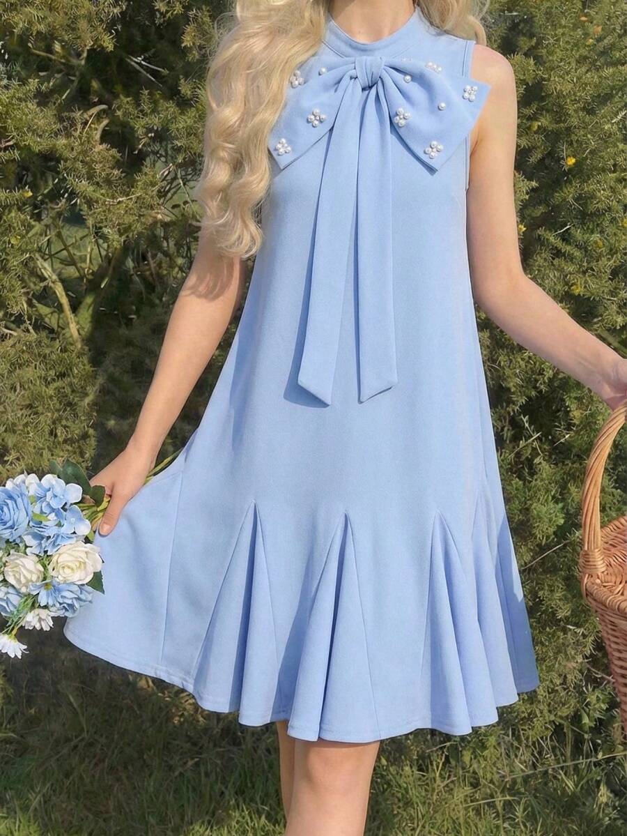 SHEIN Tween Girl Spring/Summer Elegant Beaded Large Bow A-Line Dress ...