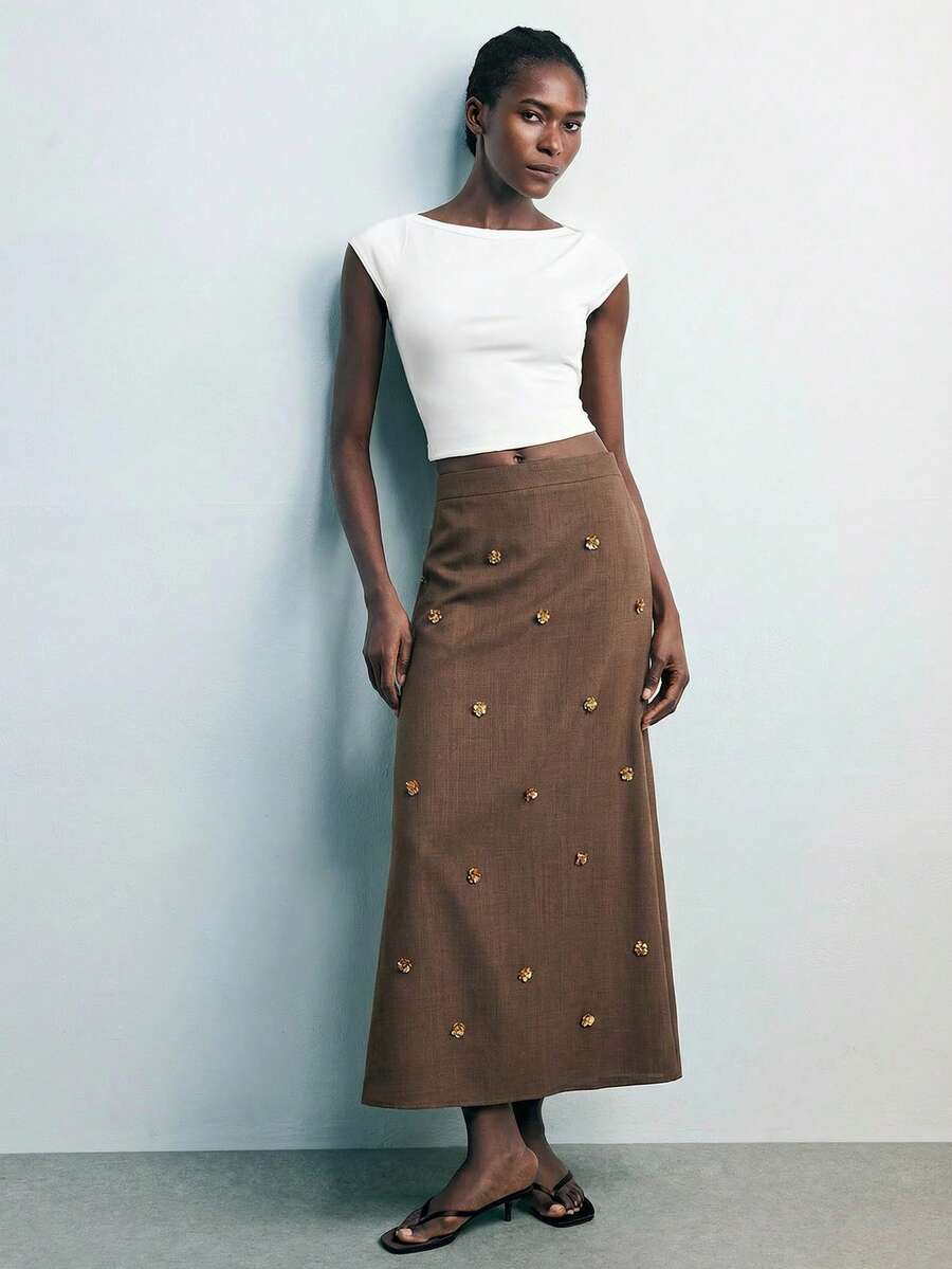 Maija Elegant Women's Brown Maxi Skirt Straight Woven Fabric With Gold ...
